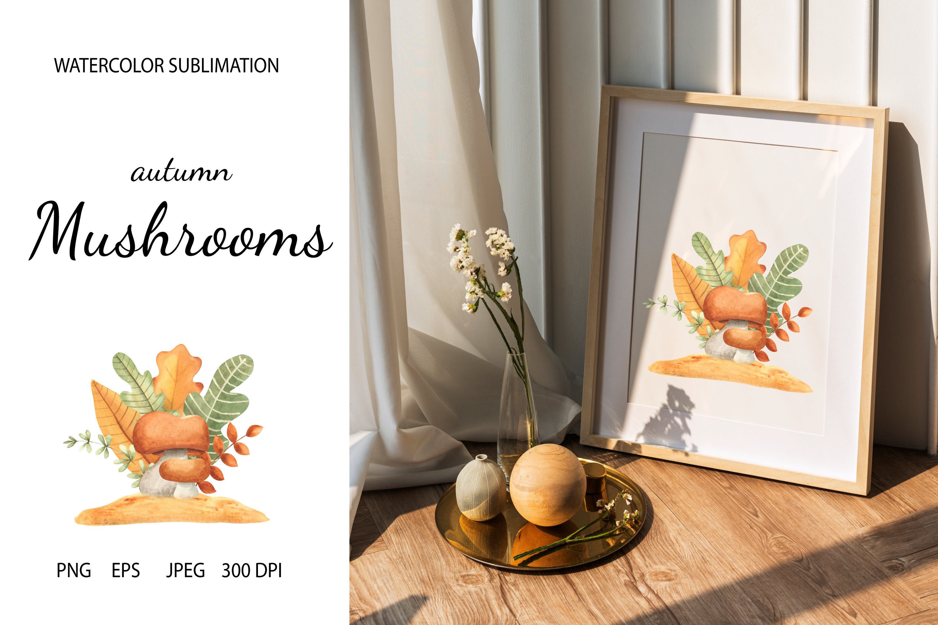 Edible mushrooms and autumn leaves. Watercolor sublimation.