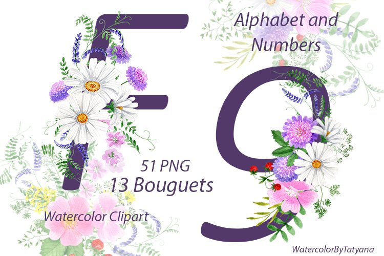 Floral alphabet with watercolor wildflowers, (1459914)