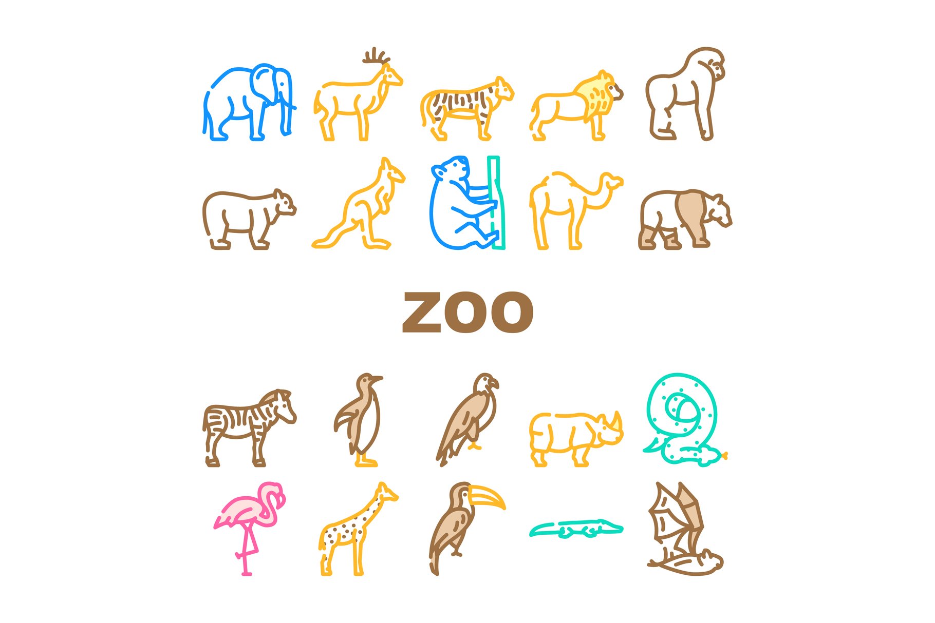 Zoo Animals, Birds And Snake Icons Set Vector (2236431) | Icons ...