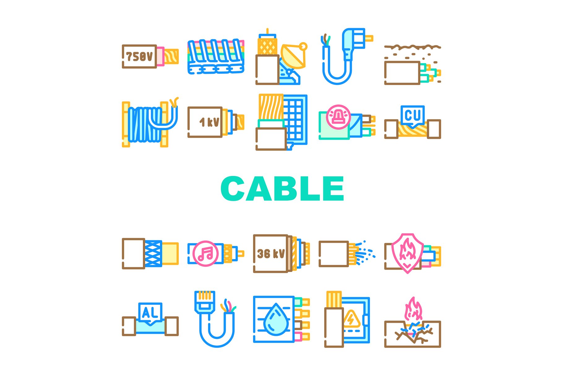 Cable Wire Electrical System Icons Set Vector (2236451) | Icons ...