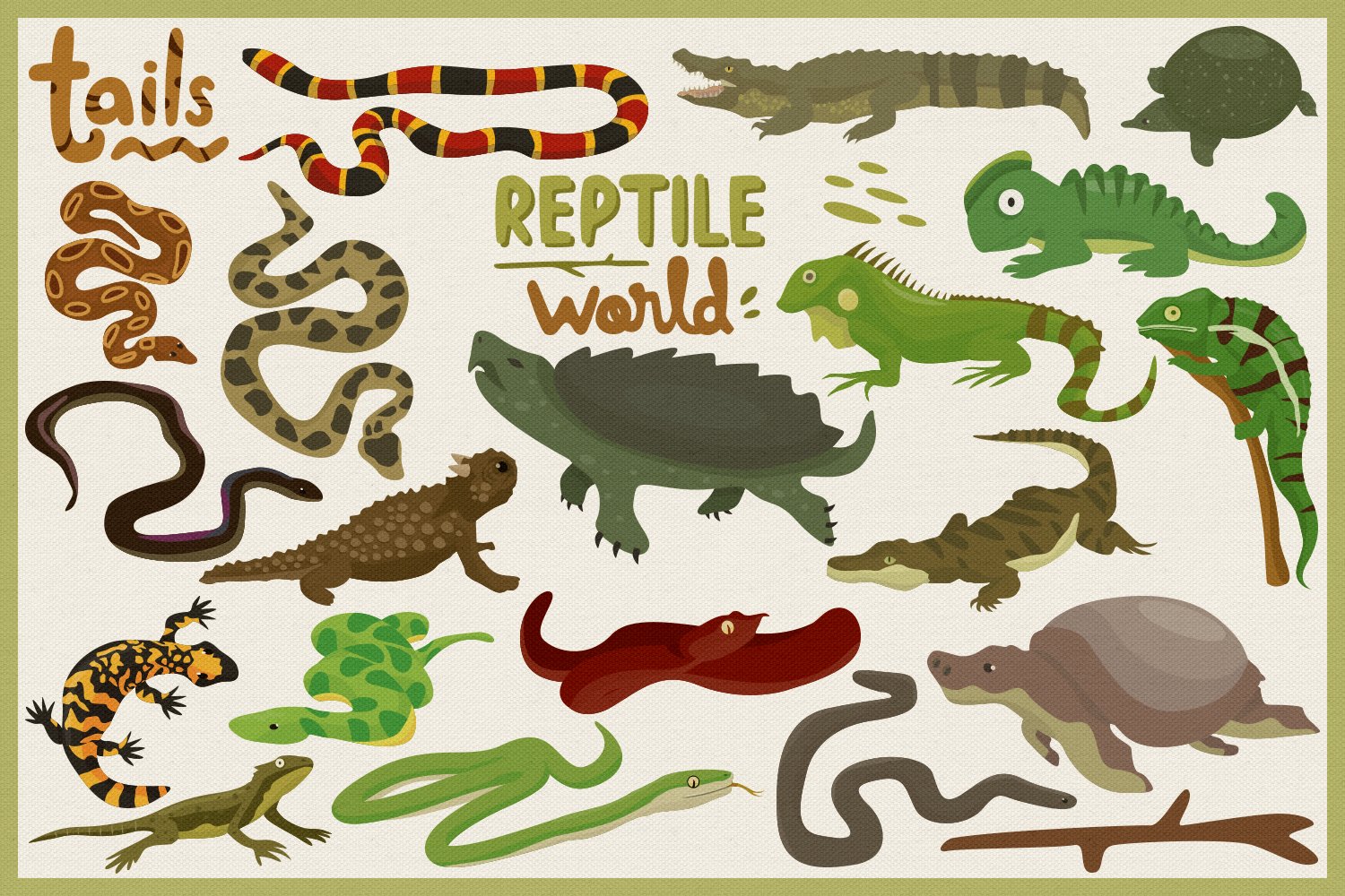 Reptile World Vector Clipart and Seamless Pattern
