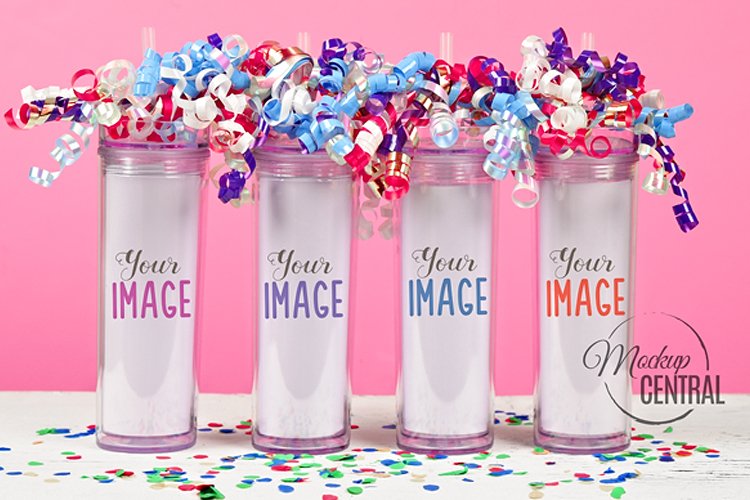 4 Matching Cup Party Tumblers 16 oz on Table Top, JPG Bundle (597607 ...