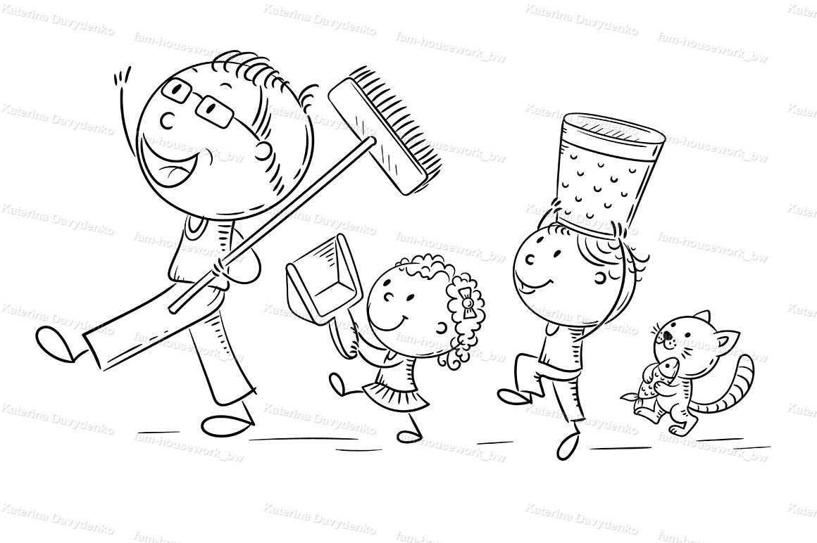 Happy father and kids doing housework (707719) | Illustrations | Design ...