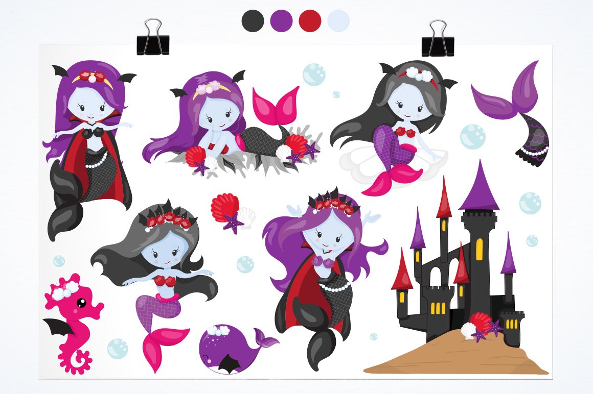 Halloween Mermaid Vampires Graphics and illustrations, vecto