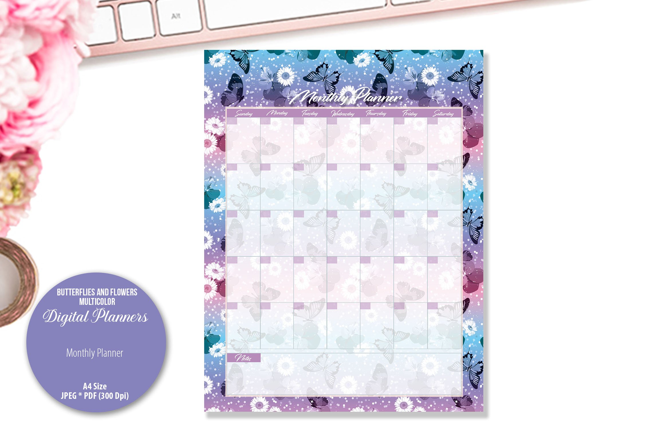 Butterflies and Flowers Multicolor Digital Planner