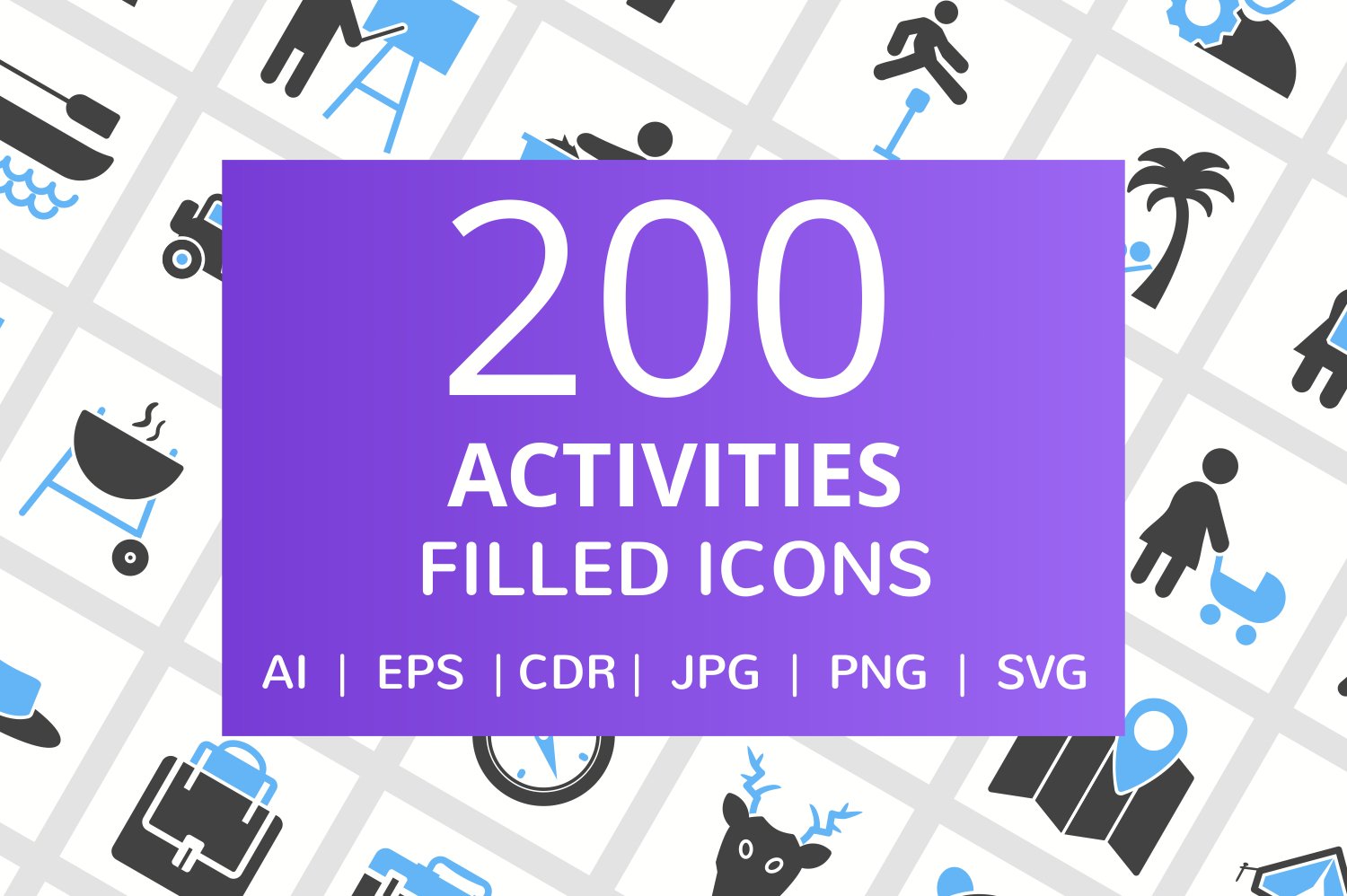 200 Activities Filled Blue & Black Icons (100580) | Icons | Design Bundles