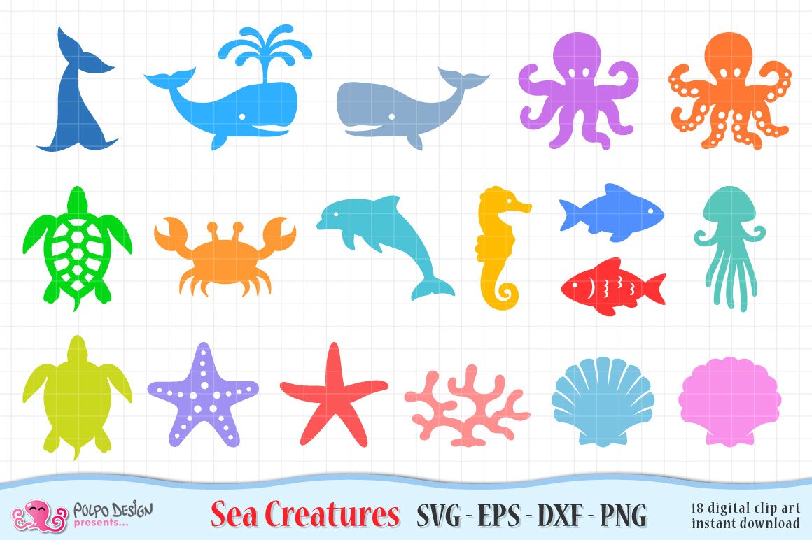 Sea Creatures SVG, Eps, Dxf and Png. Vector files. (557384 ...