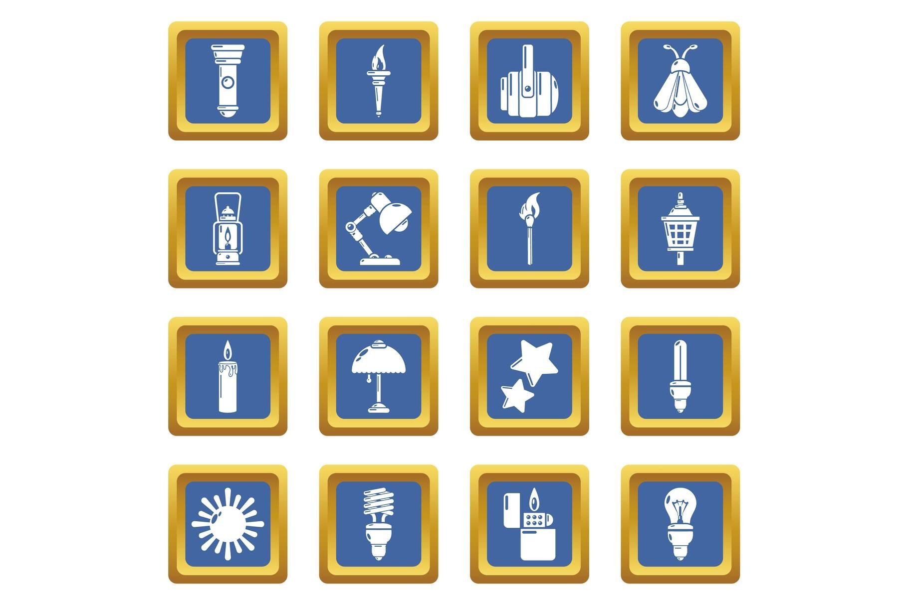Light source icons set blue square vector (502577) | Icons | Design Bundles