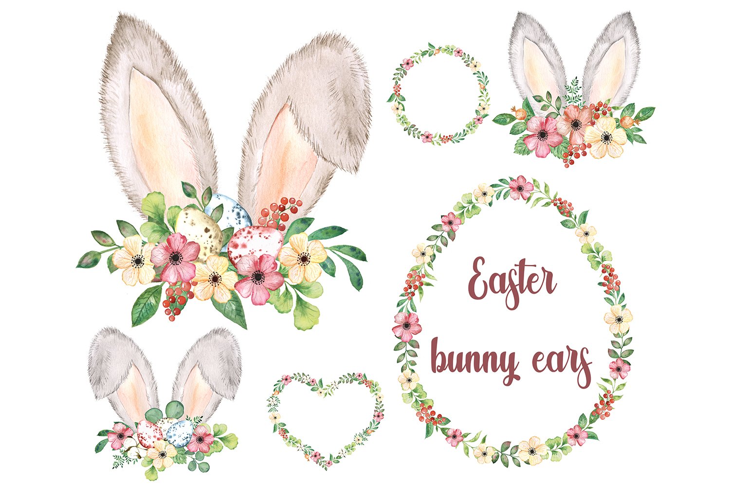 Watercolor Easter Bunny ears clipart. Easter eggs, wreaths (1186404 ...