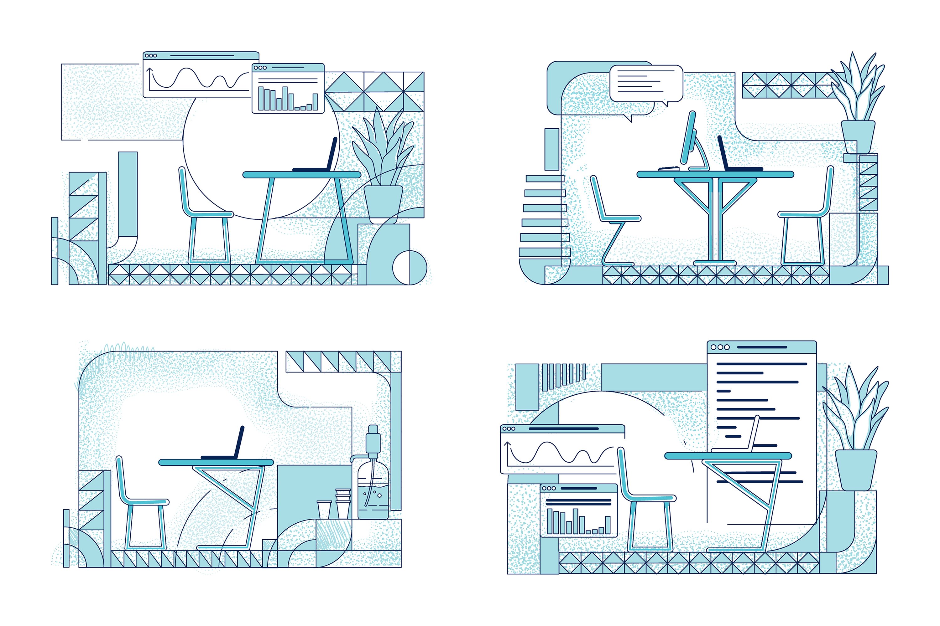 Modern office interior designs vector illustrations set (775067 ...