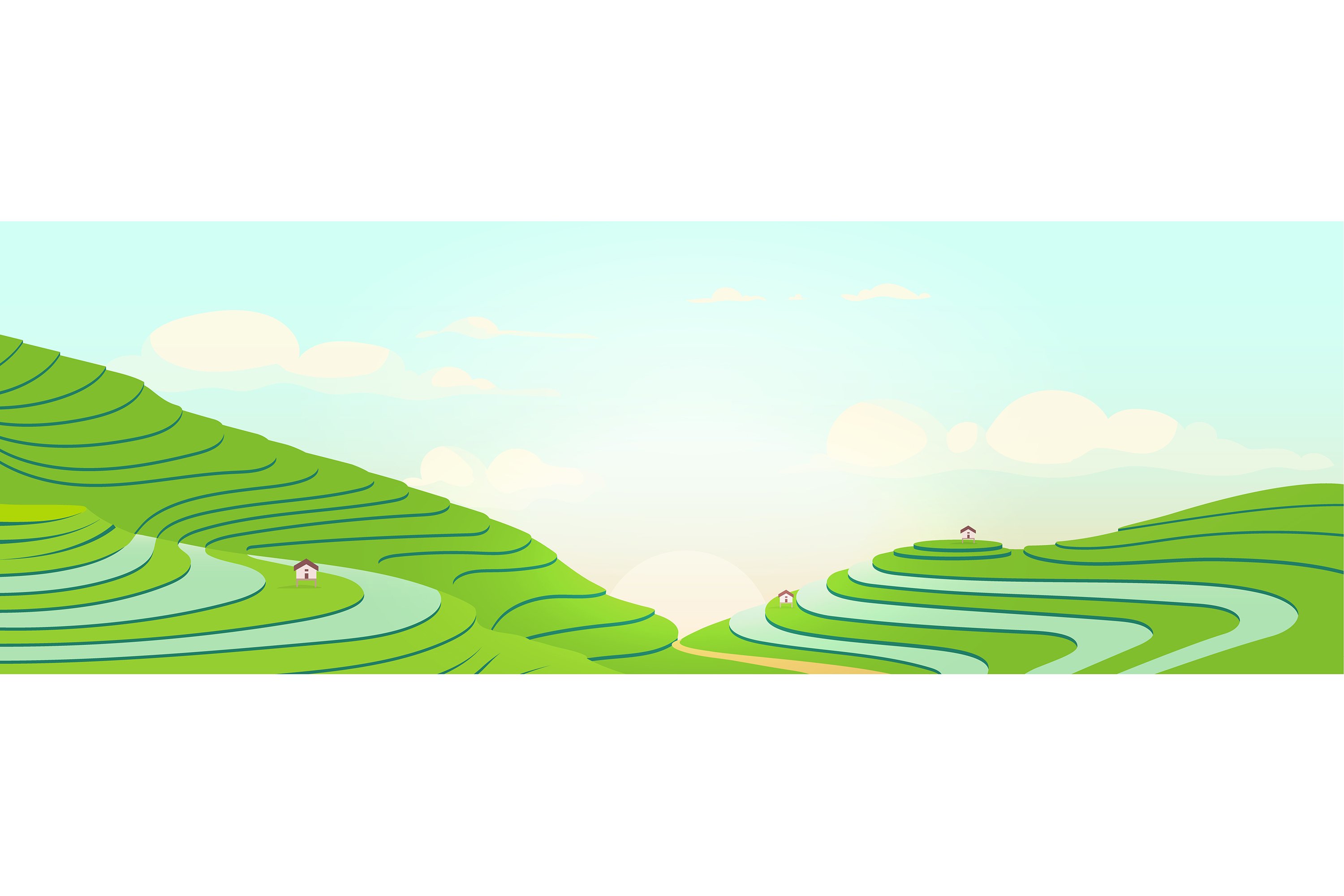 Terraced fields at sunrise flat color vector illustration (1188803 ...