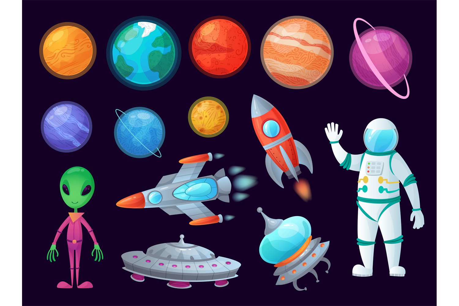 Space items. Alien ufo, universe planet and missile rockets. (988419 ...