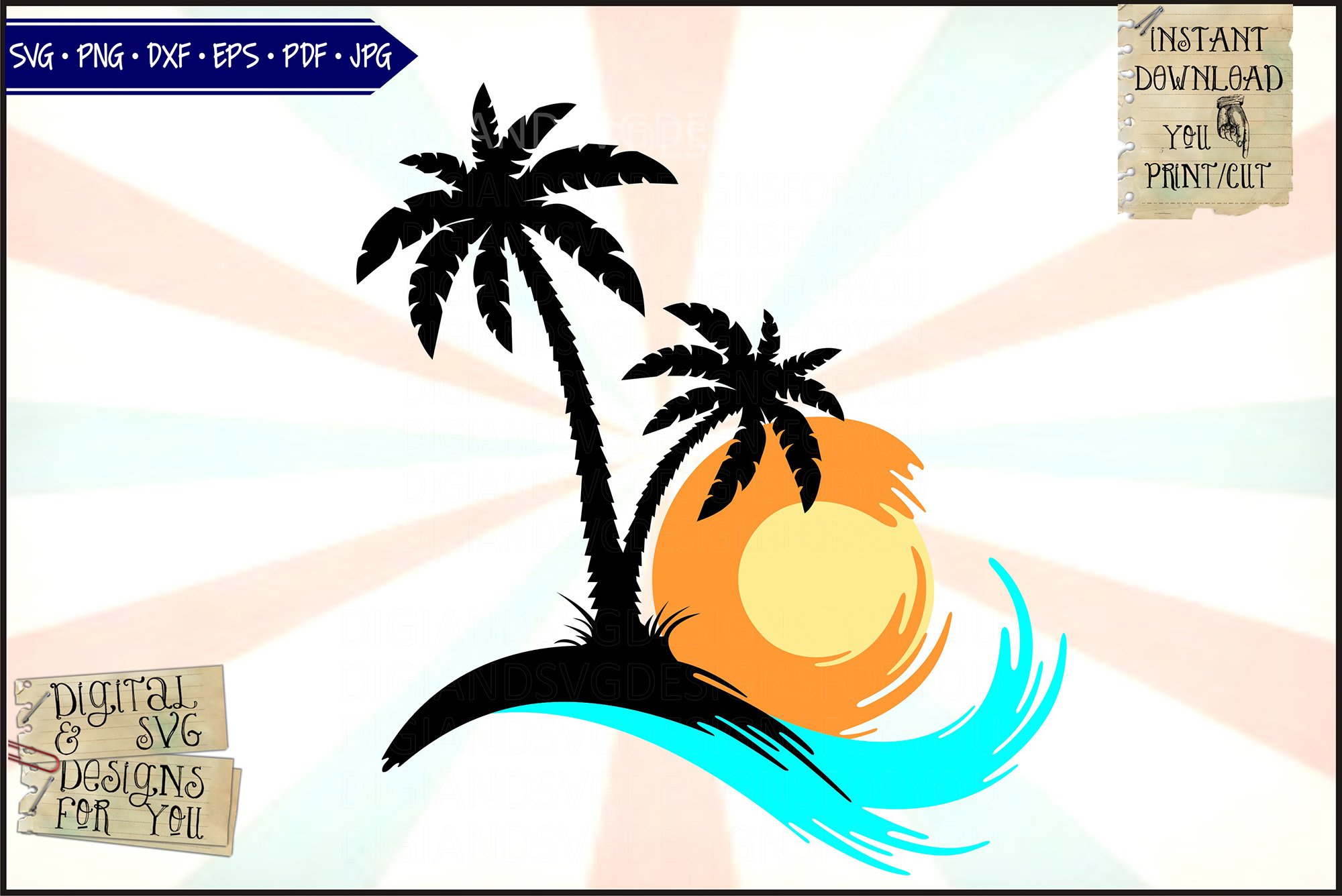 Sunset island | Beach waves | Palm trees | silhouette (767576) | Cut ...