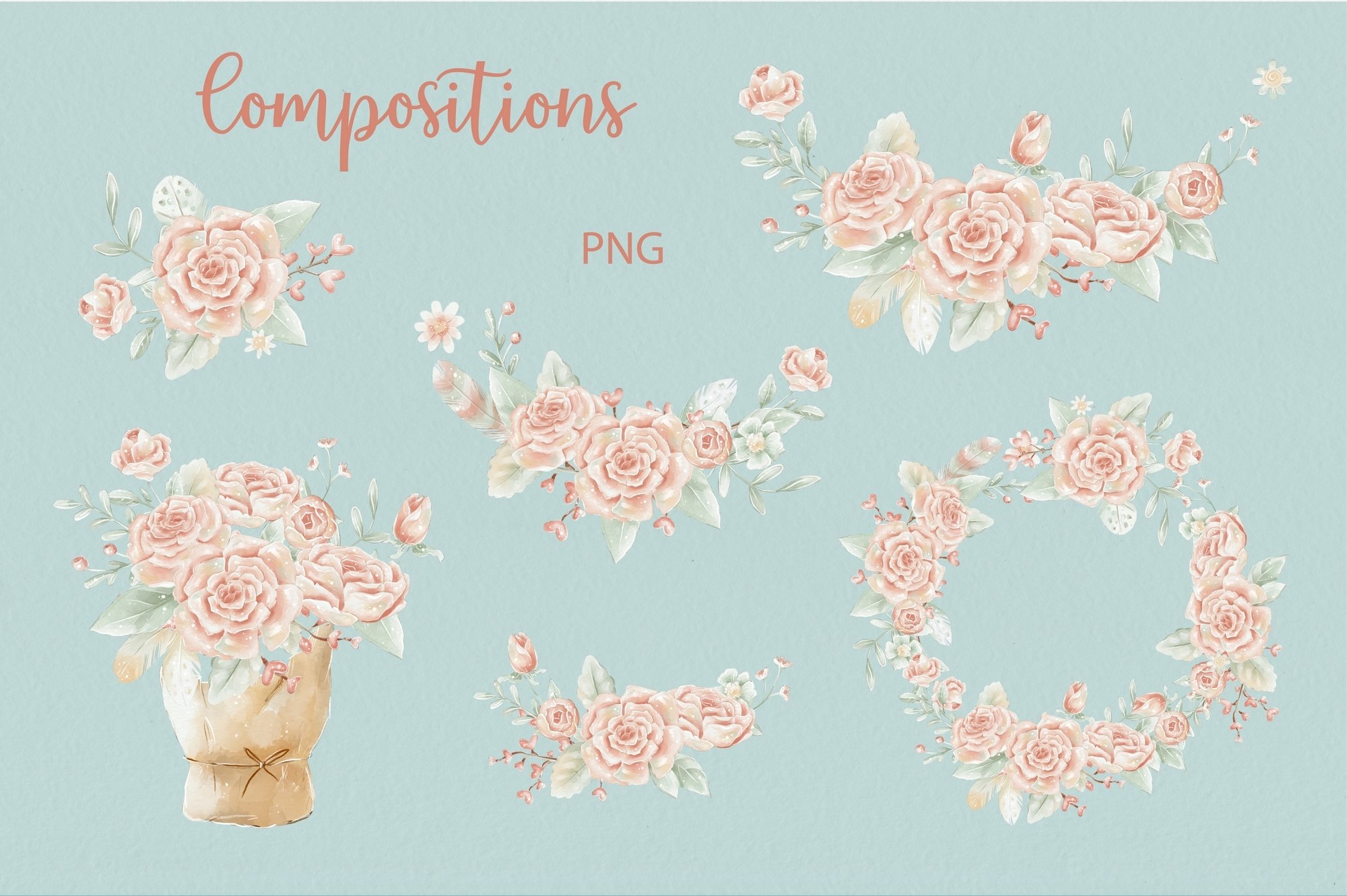 Watercolor pink roses, clipart hand drawing.