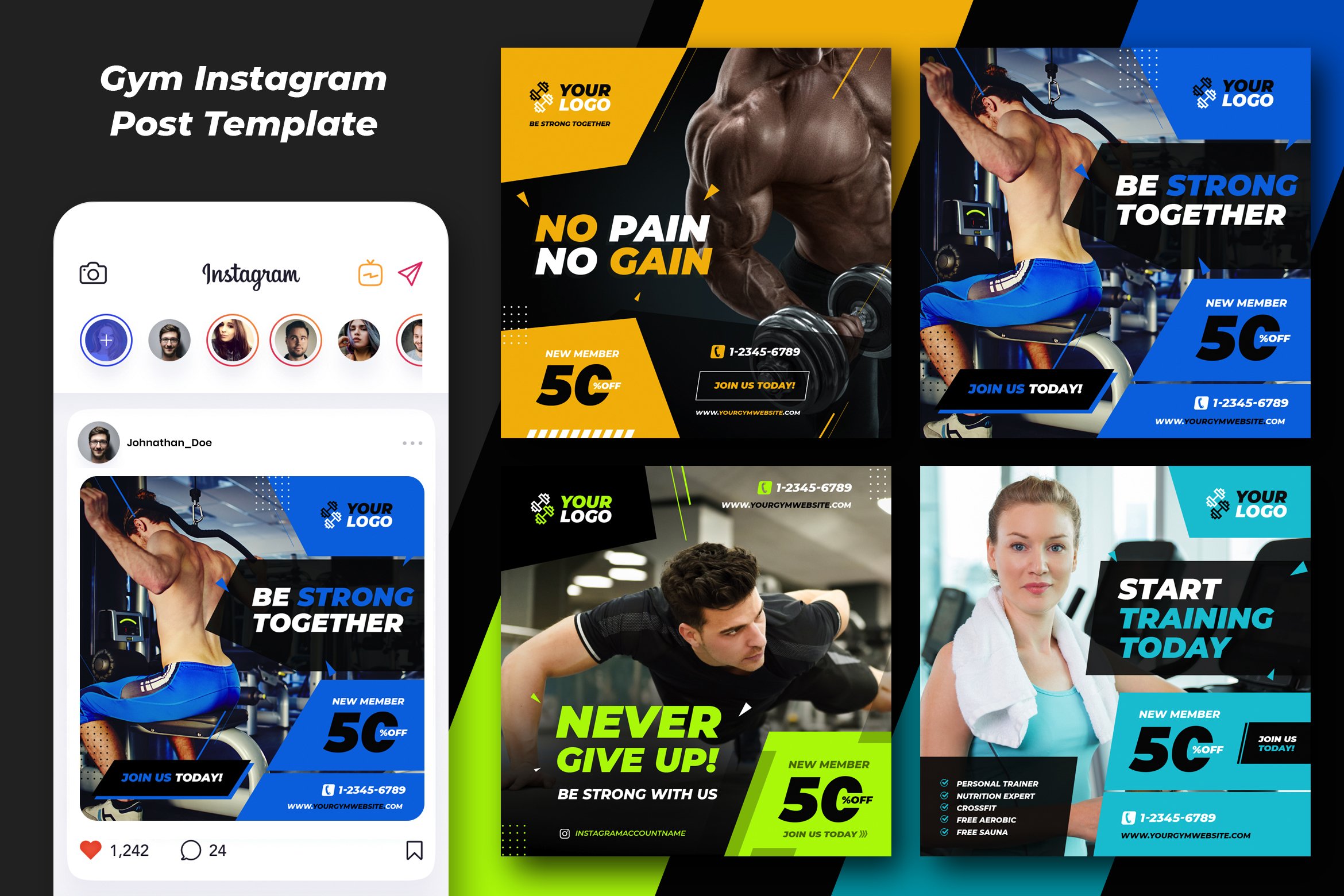 Fitnes Gym Banner and Social Template (1248244) | Instagram | Design ...