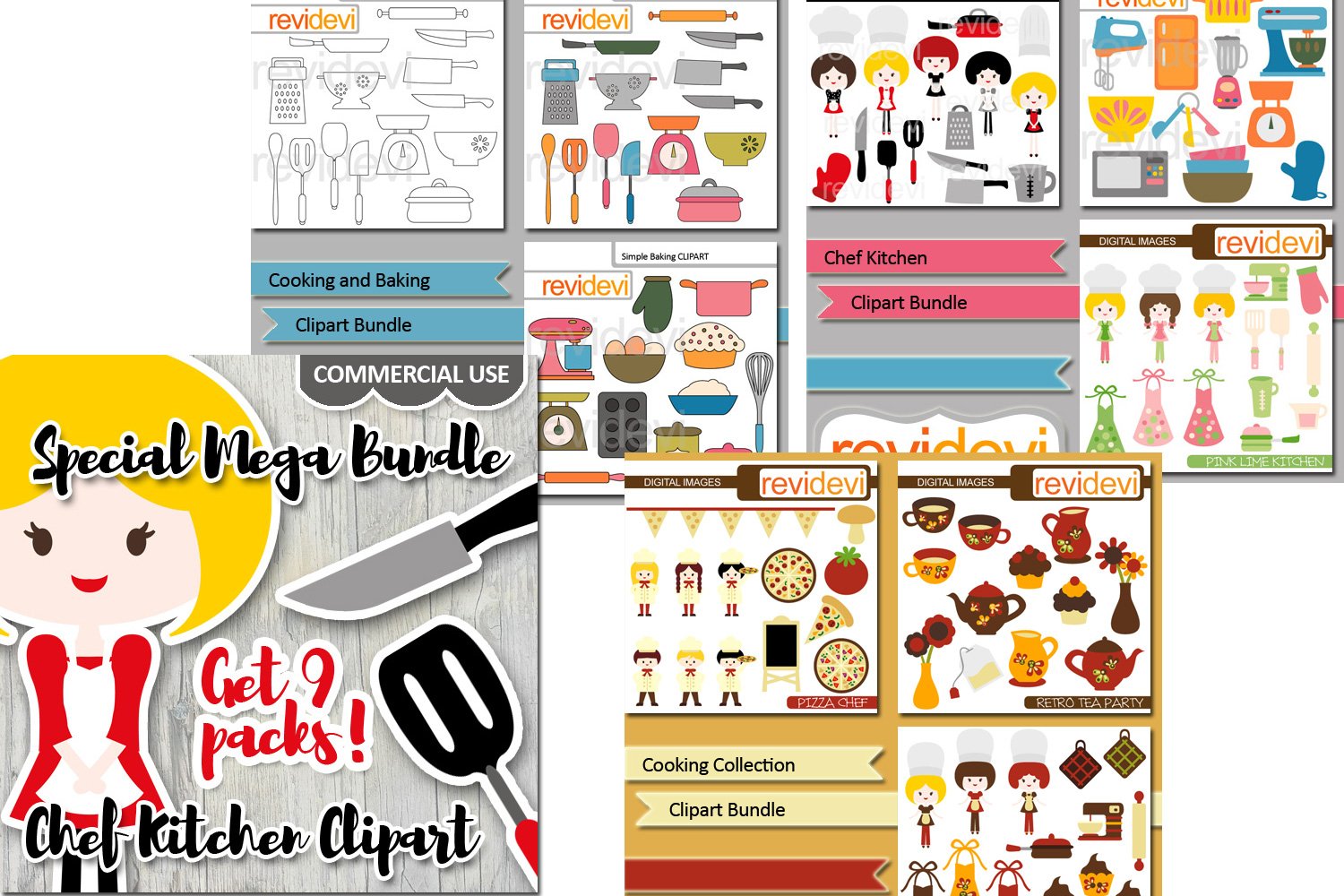 Chef Kitchen Utensils Clip art graphics Big Bundle (73966 ...