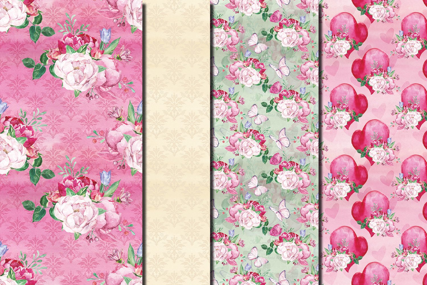 Watercolor Romantic Bouquet seamless digital paper pack (24196 ...