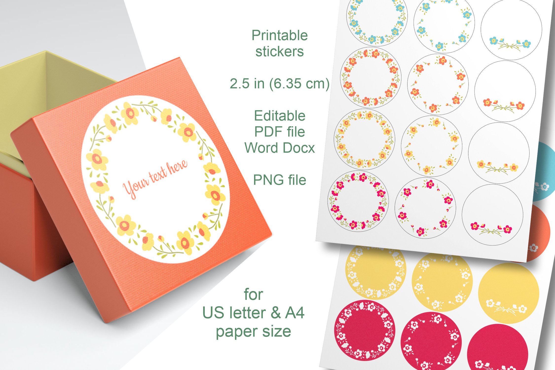 Printable Set 1 Flowery Labels 2.5 in for A4, US Letter