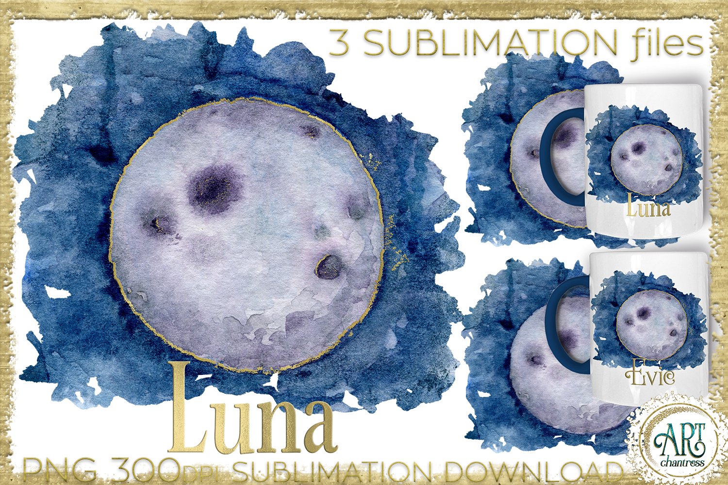 Sublimation Moon Watercolour 3 PNG files graphics with gold (1211782 ...