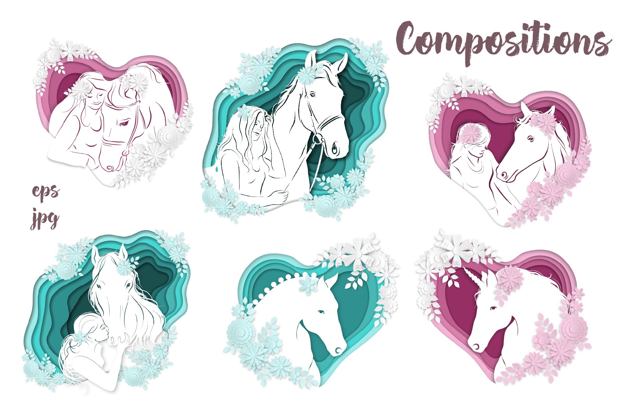 Horses, flowers & love part #2 Vector Paper Art Style