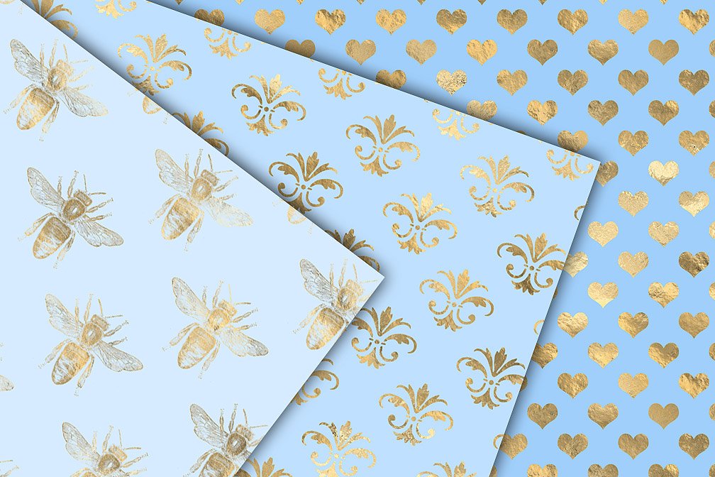 Baby Blue and Gold Digital Paper (105448) | Patterns | Design Bundles