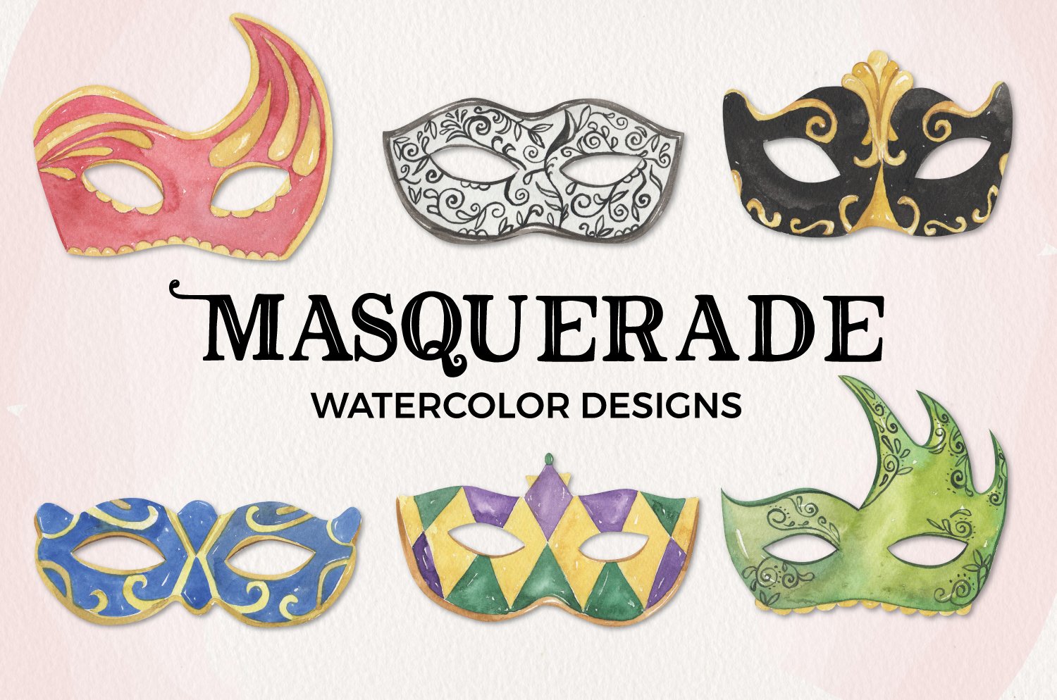 Masquerade Watercolor 6 Elements Masks Patterned