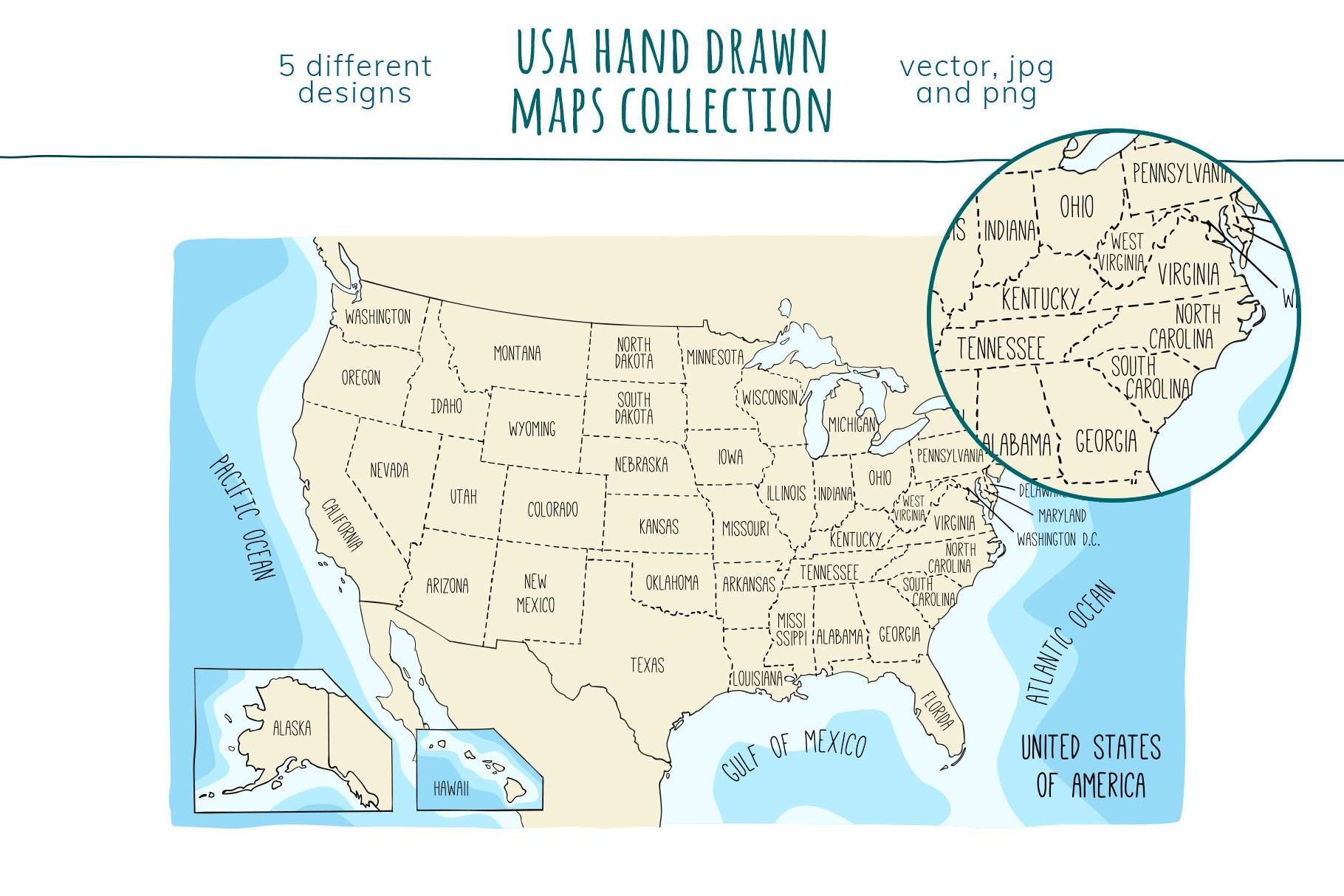 USA maps. Hand drawn collection (121531) | Illustrations | Design Bundles