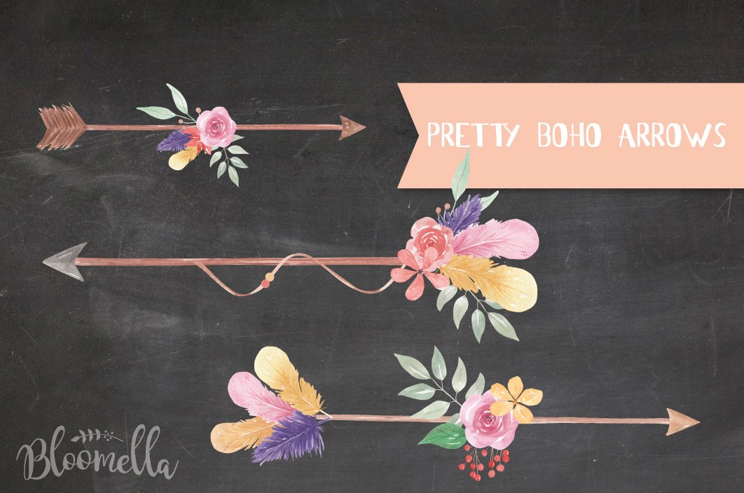 Boho Arrows Watercolor Floral Pink Flowers Blooming Leaves