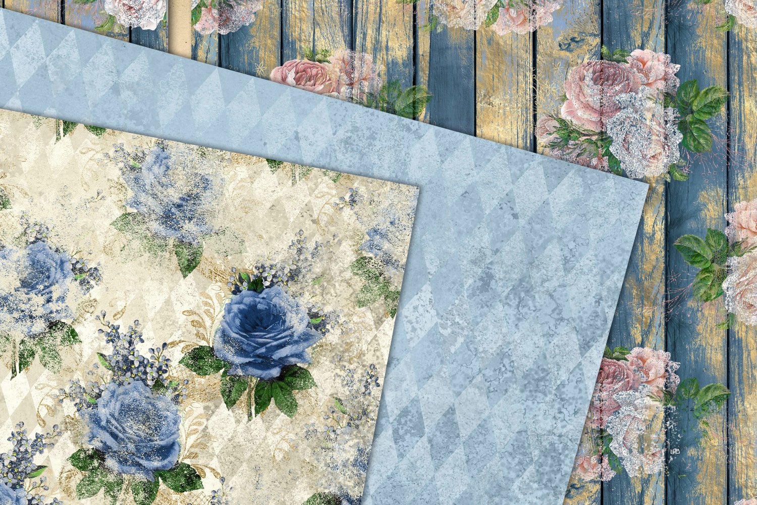 Blue Shabby Chic Digital Paper (255200) | Backgrounds | Design Bundles