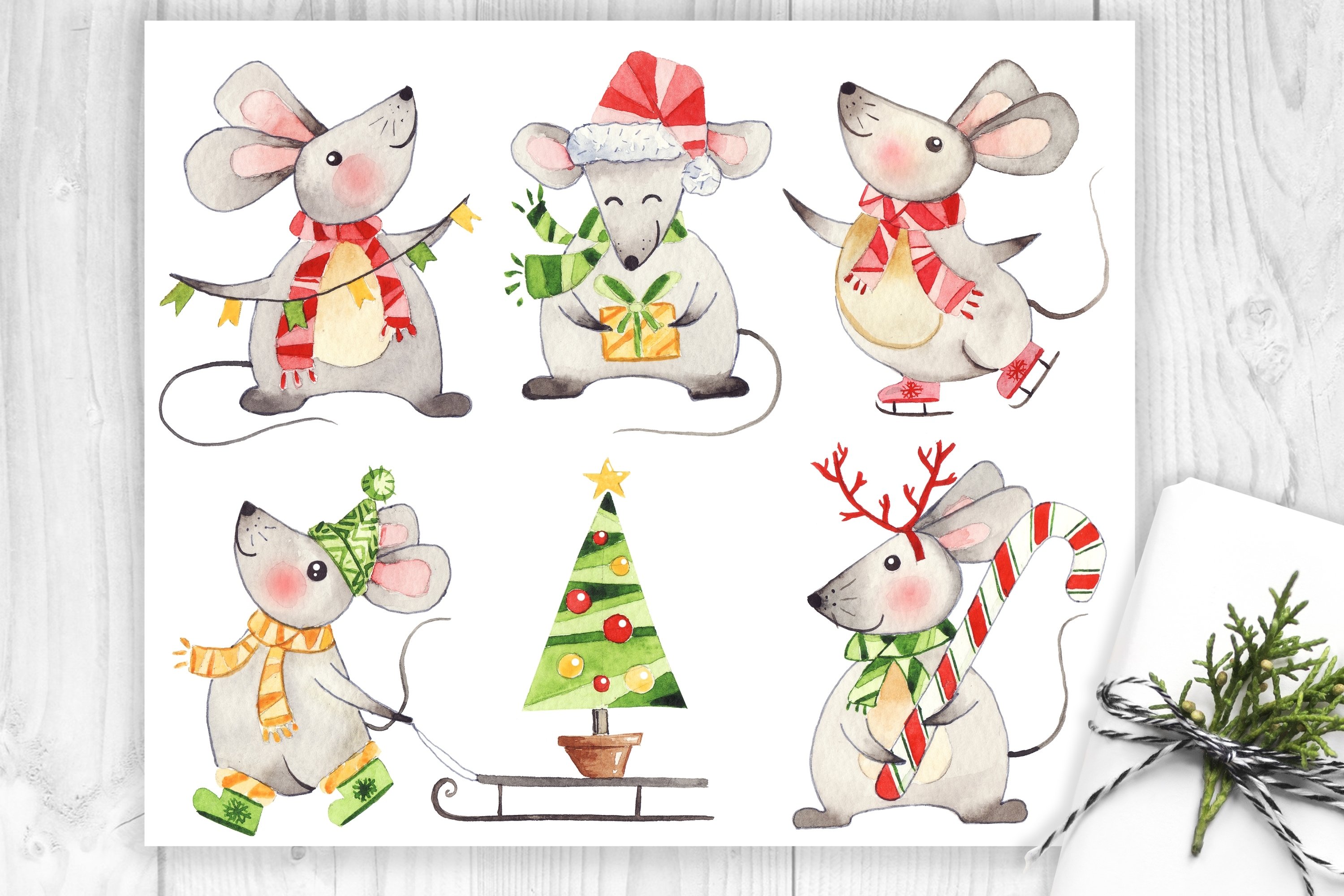 Christmas collection. Watercolor decor and cute cartoon mice (390903 ...