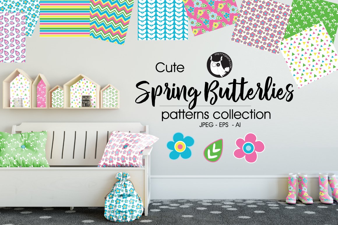 Spring Butterflies Patterns collection, digital papers (32514 ...
