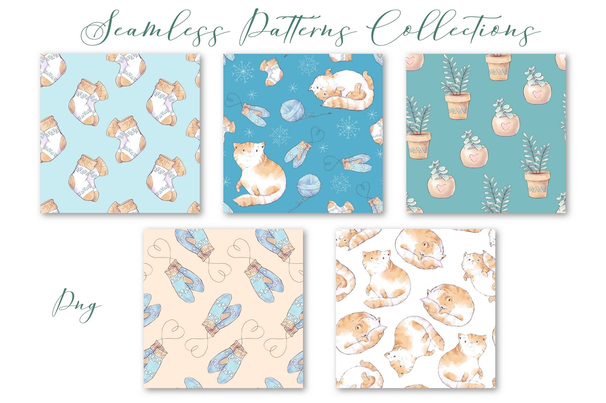 Cute Cat Seamless Patterns Set