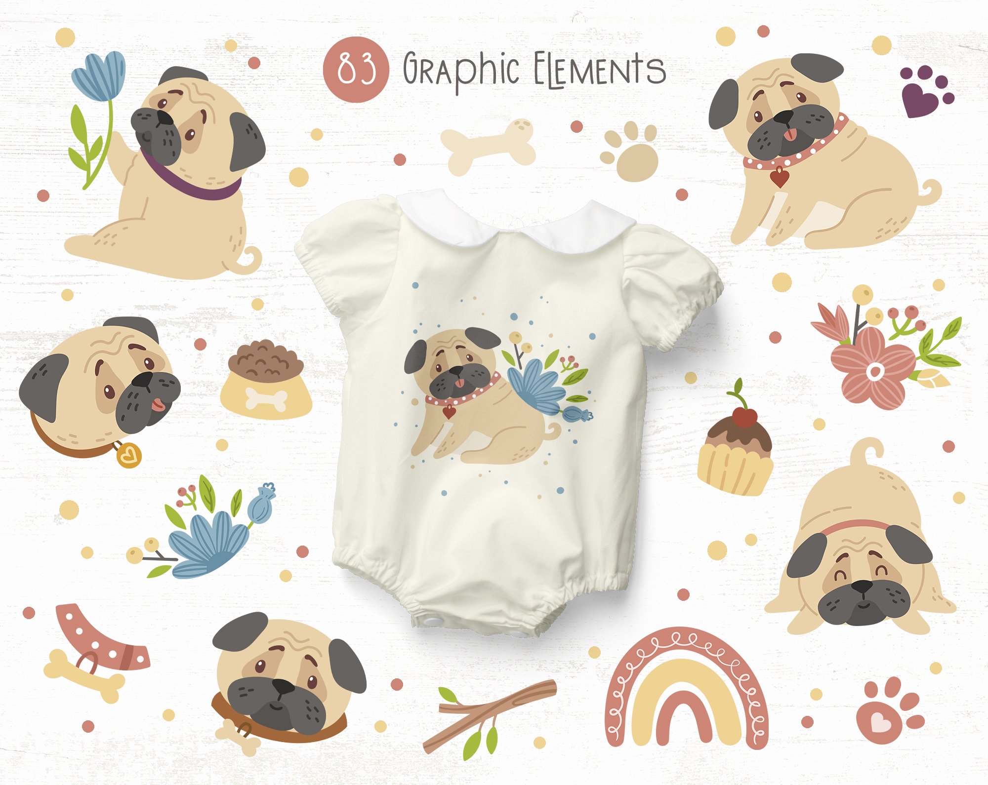 Cute Pugs - kids cliparts set (1223963) | Illustrations | Design Bundles