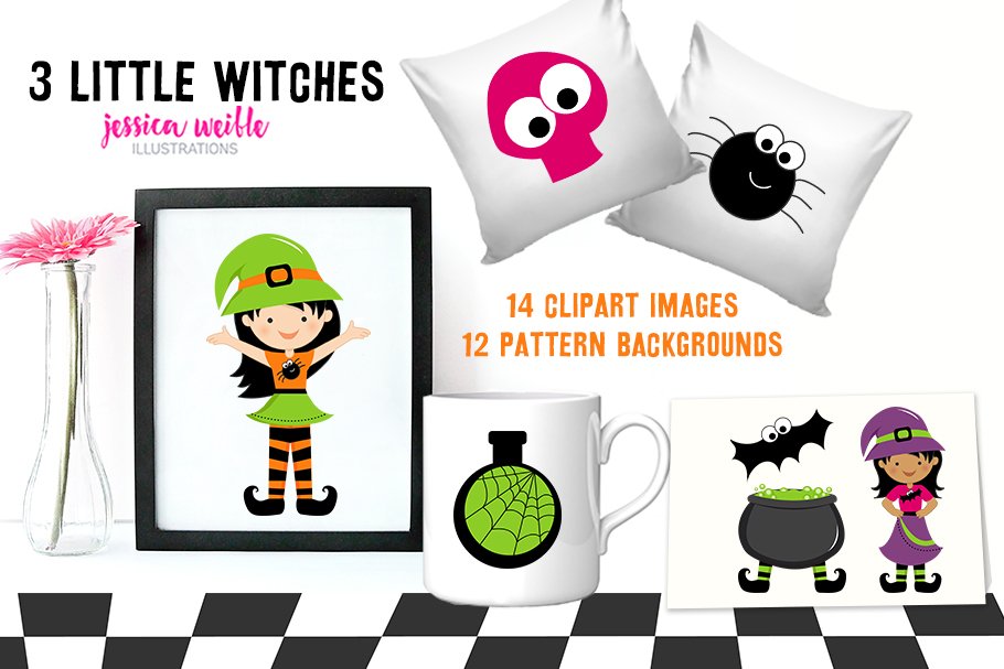 3 Little Witches Halloween Clipart Graphics Collection (141459 ...