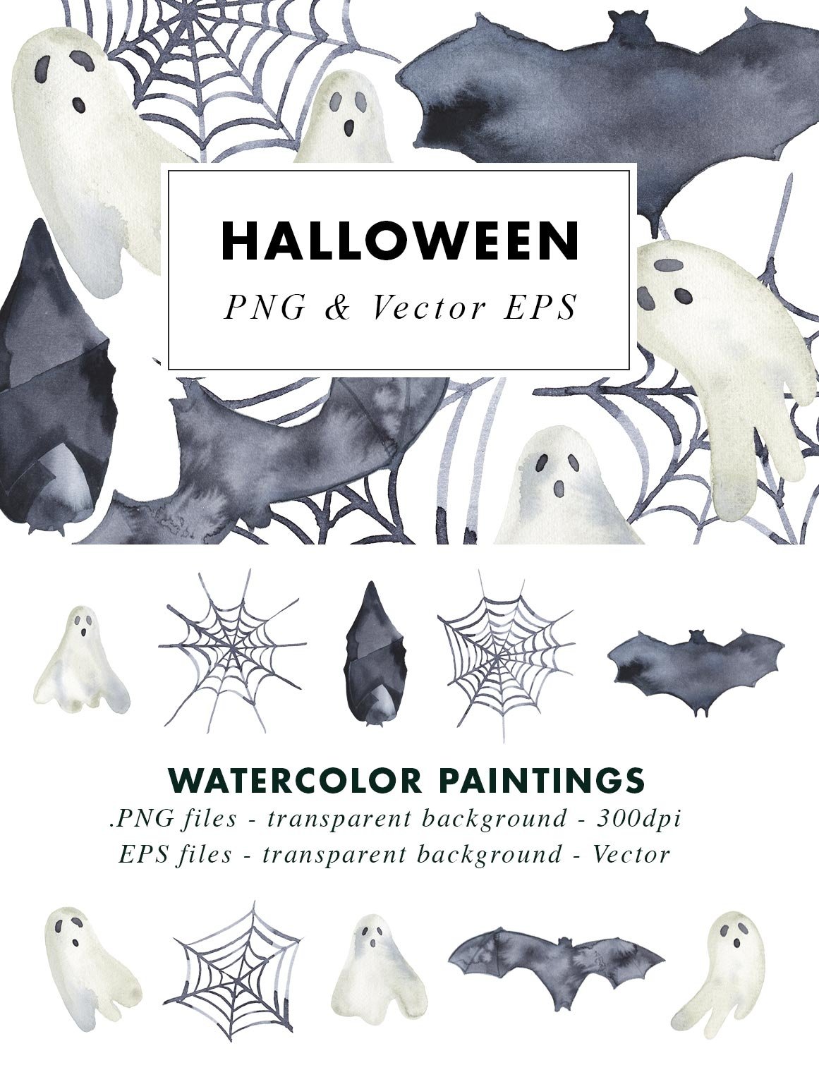 Watercolor Halloween Illustrations Clip Art in PNG & EPS
