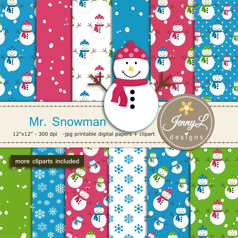 Snowman Digital Papers and Clipart, Winter Snow Digital