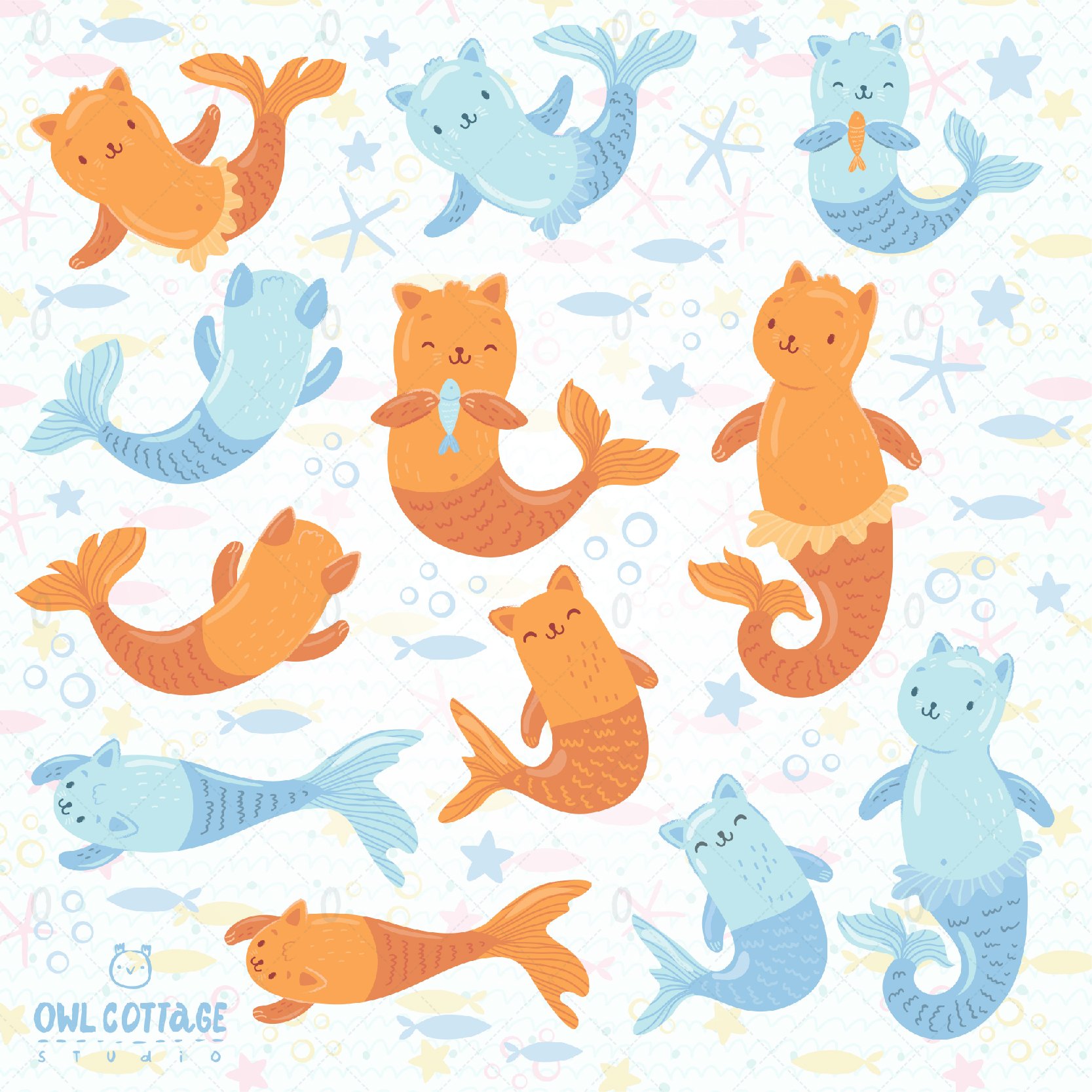 Mer-Cats vector and raster Clipart Set (282748) | Illustrations ...