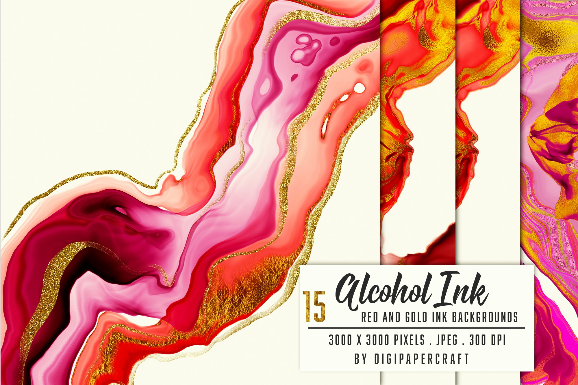 Alcohol Ink Digital Paper, Red and Gold Watercolor backdrops (898619 ...