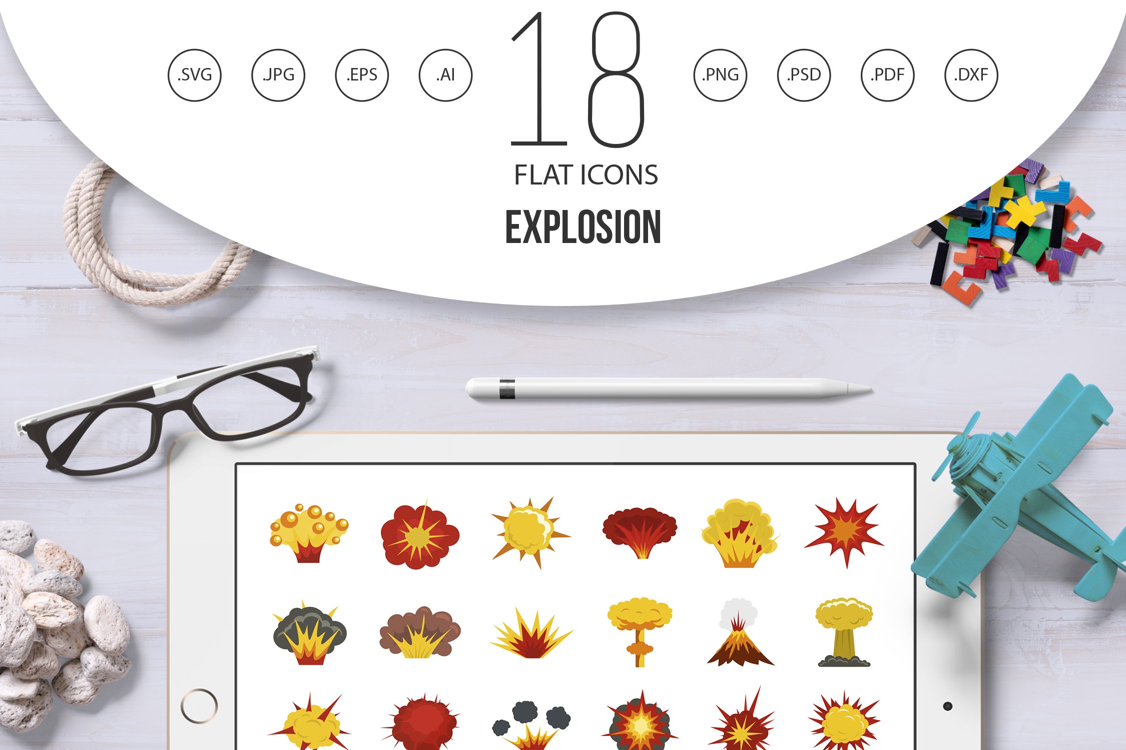 Explosion icon set, flat style (104116) | Icons | Design Bundles