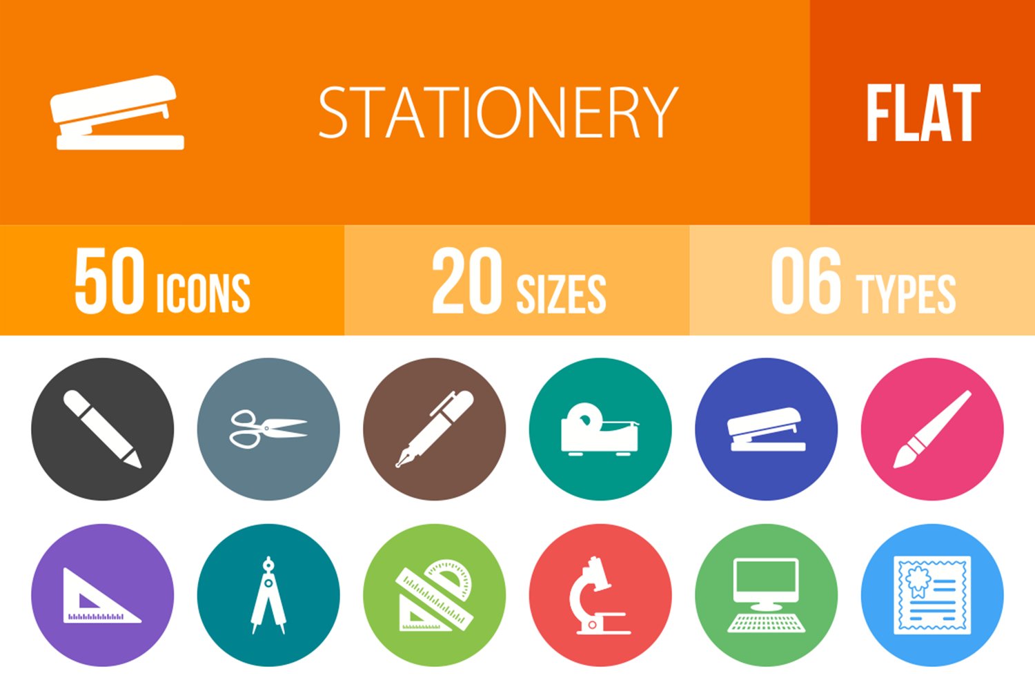 50 Stationery Flat Round Icons (189785) | Icons | Design Bundles