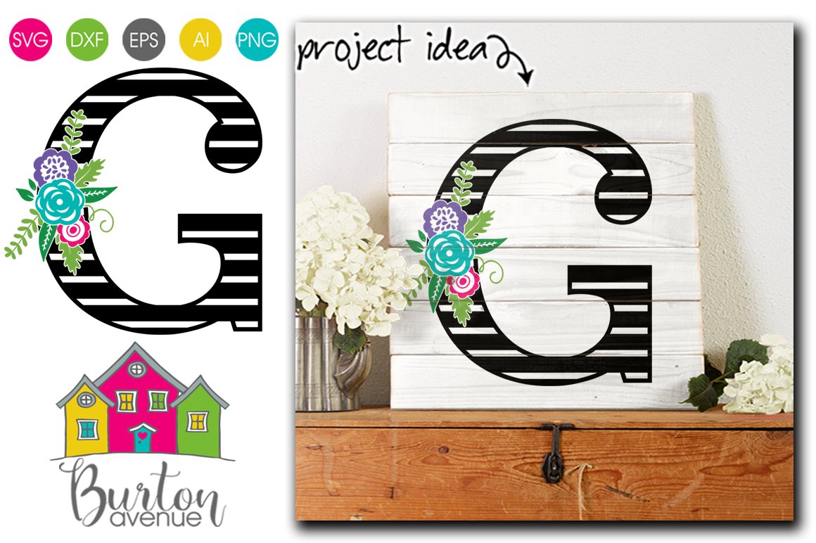 Striped Floral Letter G SVG File (205467) | SVGs | Design Bundles