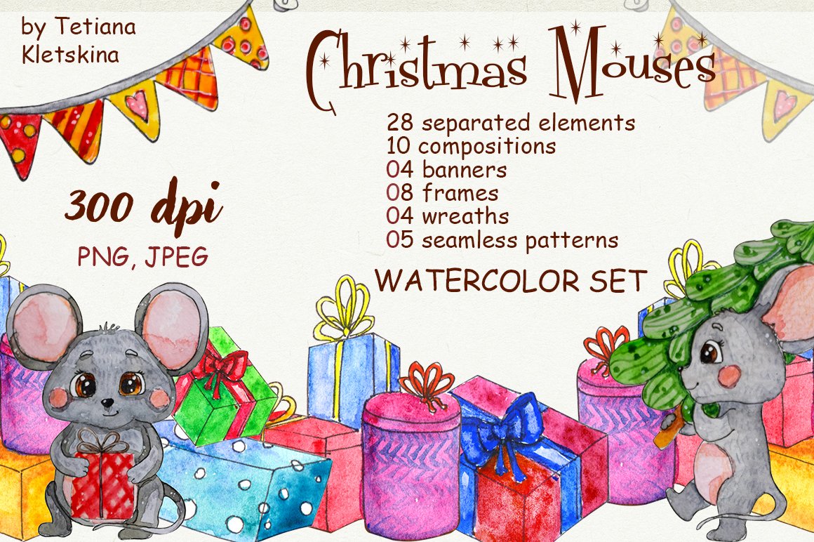 Christmas Mouses watercolor set (390303) | Illustrations | Design Bundles