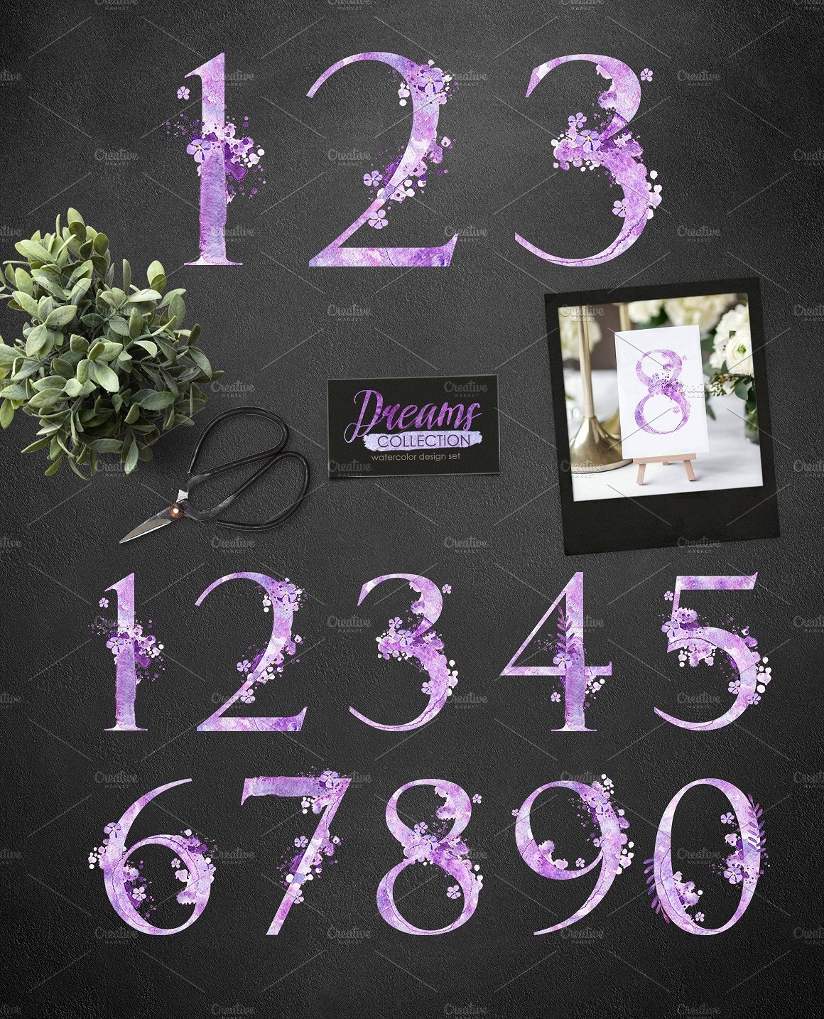 Watercolor numbers - DREAMS (63929) | Illustrations | Design Bundles