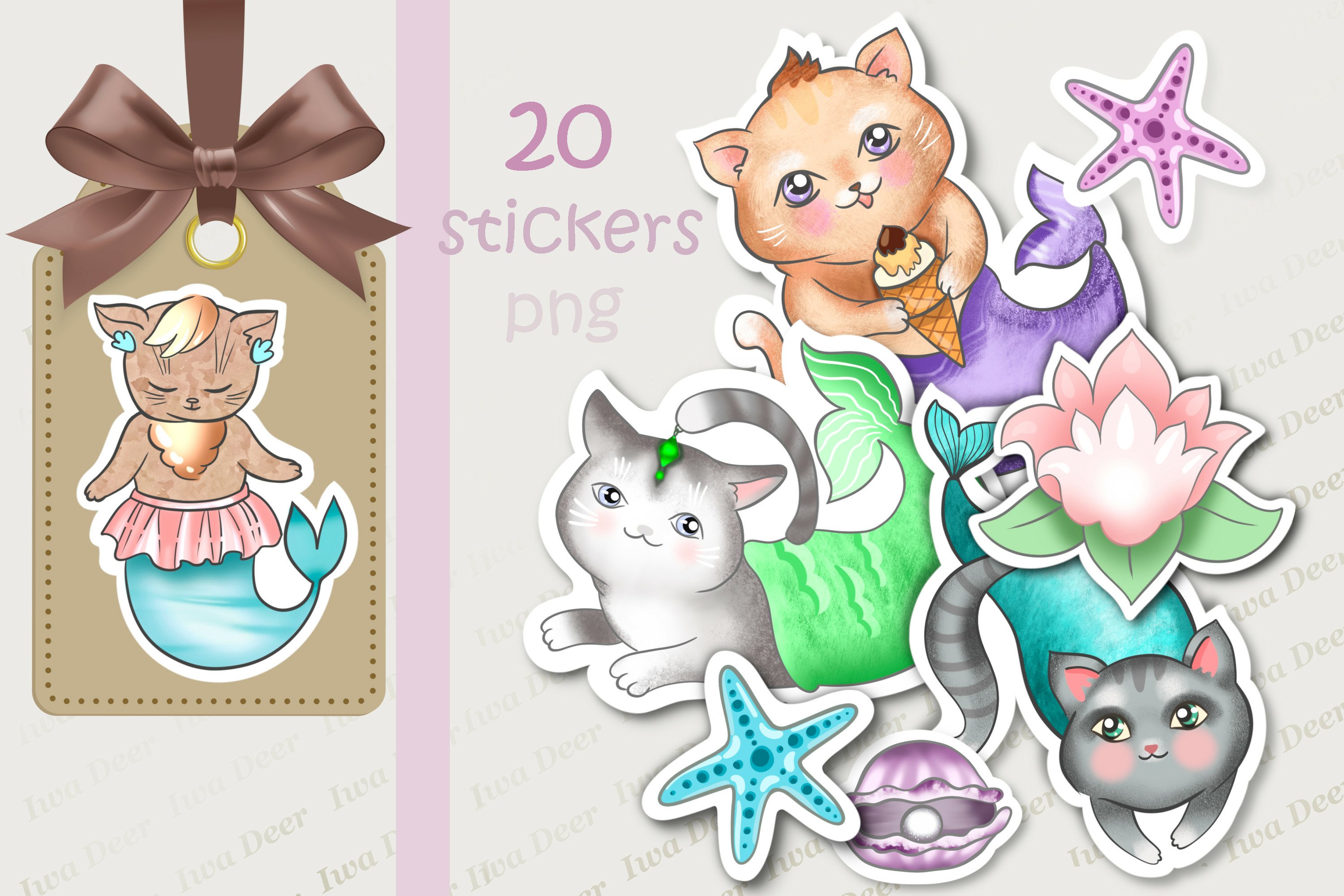 Mermaid cat with tails stickers bundle