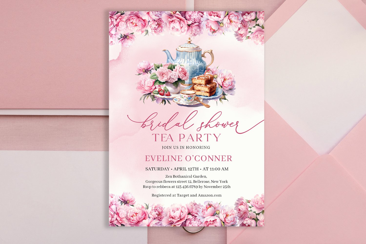 High Tea Invitation Printable Teapot Flower Bride Tea Pink Invitation