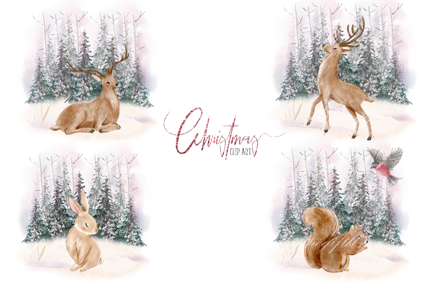 Woodland Christmas clip art (991246) | Illustrations | Design Bundles