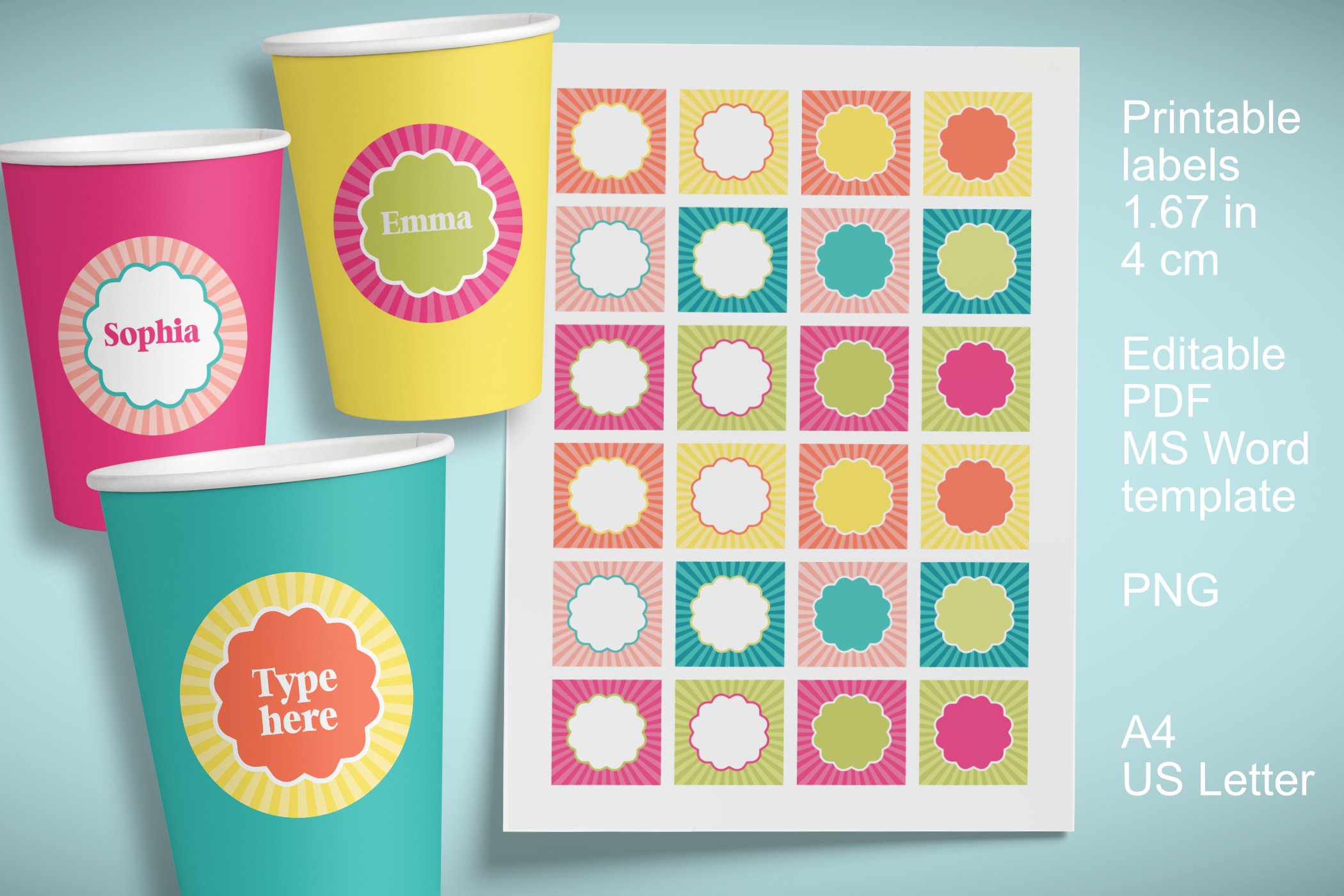 Small Summer Party Labels A4 US Letter Layout Editable Text