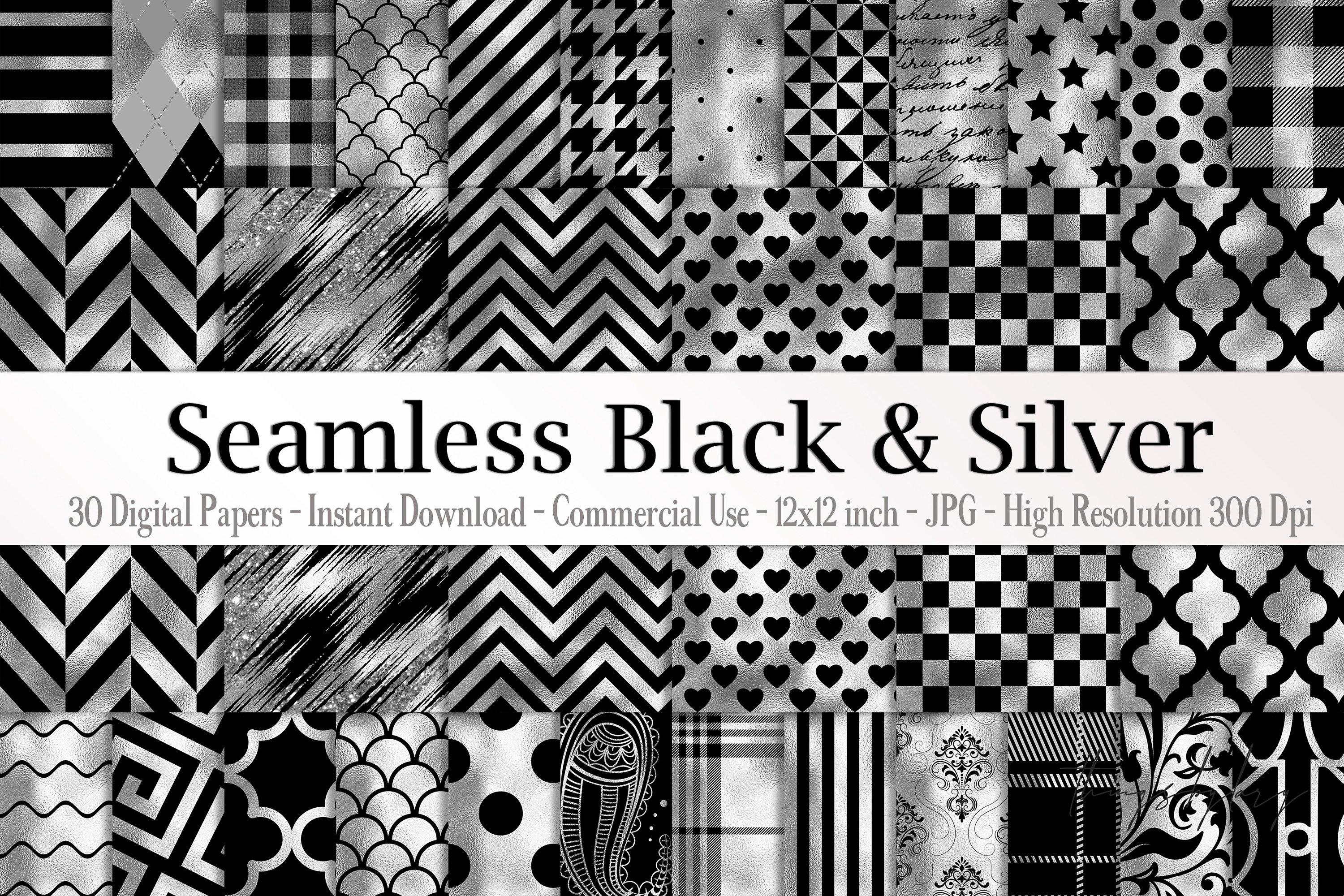 30 Seamless Black Silver Foil Basic Home Decor Print Pattern (408588 ...