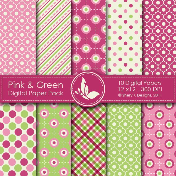 Pink & Green Paper Pack - 10 Printable Digital papers - 12 x12 - 300 ...