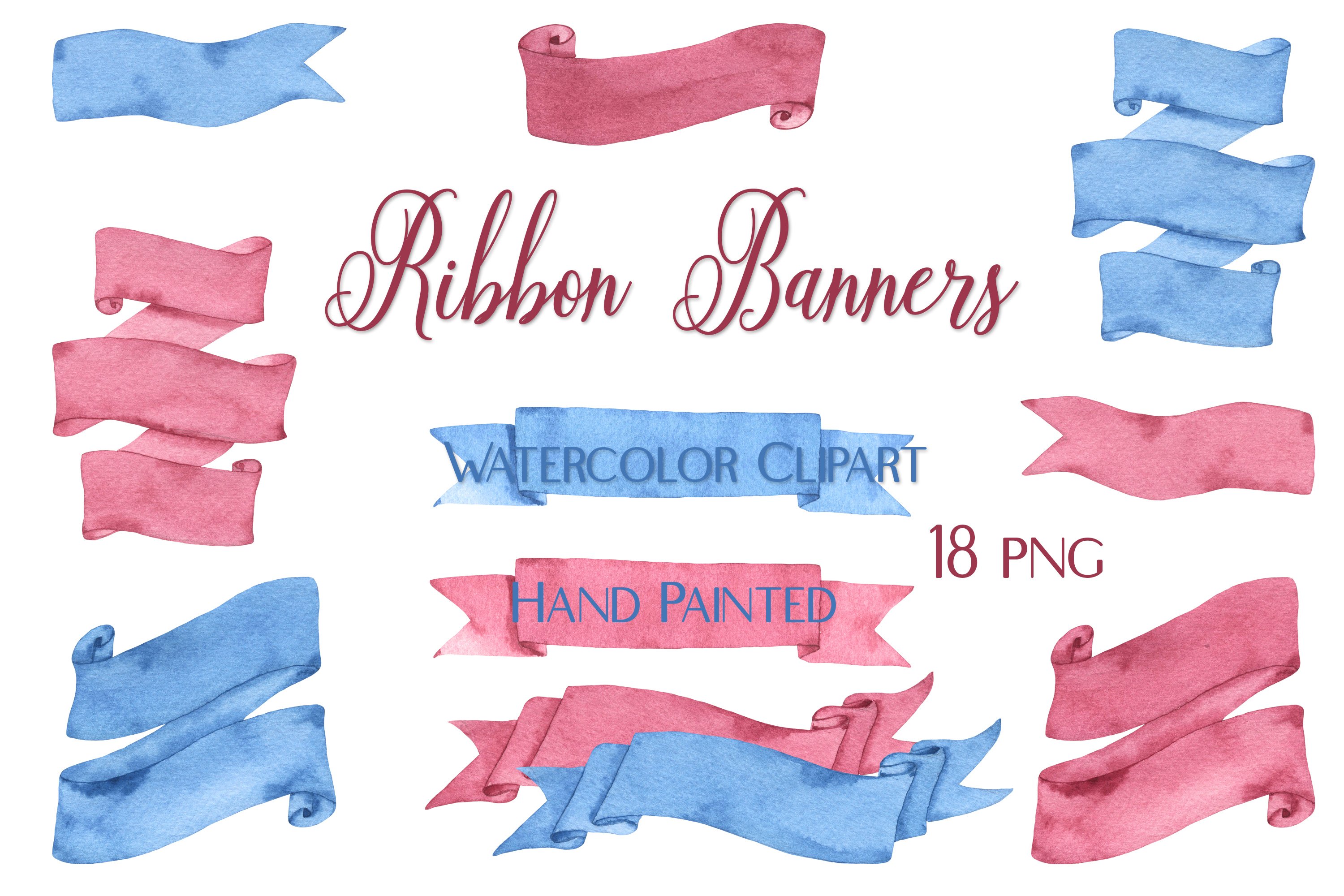 Watercolor Pink and Blue ribbon banners Clipart. (1008595 ...